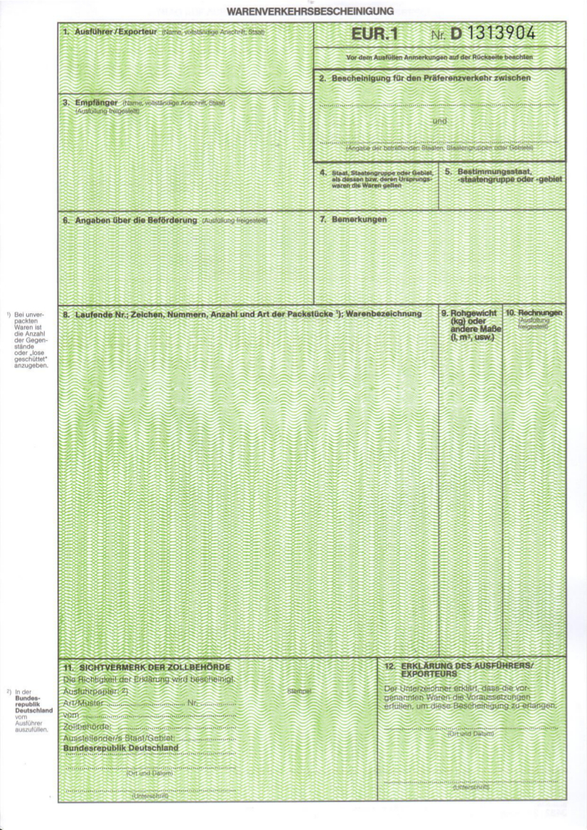 Verkehrsverlag J Fischer Eur1 Eur 1 Warenverkehrsbescheinigung